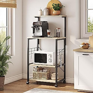 Bestier Bakers Rack, 4-Tier Microwave Stand Coffee Bar Table on Wheels, Utility Storage Rack with Sliding Shelf & 10 Side Hooks for Kitchen, Living Room, Dining Room, Oak