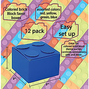 Brick Party Favor Boxes - Building Block Party Supplies - 12 Cardboard Brick Paper Box - Colored Block Gift Goodie Candy Treat Box/Party box for Block Themed Birthday Party/ Baby Shower Block party