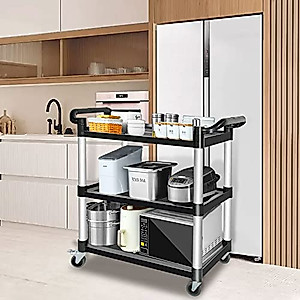 MAYNIYJK Plastic Utility Carts with Wheels, 3-Tier Restaurant Cart, Heavy Duty Rolling Cart Food Service Cart 420LBS, Bus Cart with Lockable Wheels and Rubber Hammer for Warehouse/Kitchen, Black