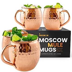 Moscow-Mix Moscow Mule Mugs Large 16 oz - 100% Pure Plated Copper Cups with Premium Stainless Steel Lining - Moscow Mule Cups Set of 4 - Mule Mugs Perfect for Party Drinking and Gift