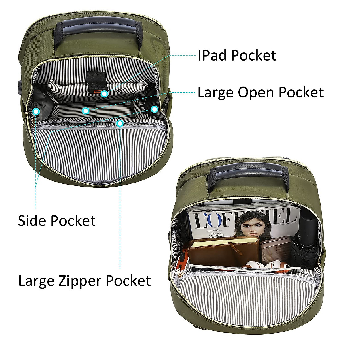 LOVEVOOK Laptop Backpack Purse for Women, Work Business Travel Computer Bags, College Nurse Backpack for Womens, Quilted Casual Daypack with USB Port, Fit 15.6 Inch Laptop, Army Green