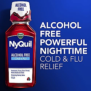 Vicks NyQuil ALCOHOL FREE Cold & Flu Relief Liquid Medicine, Powerful Multi-Symptom Nighttime Relief For Headache, Fever, Sore Throat, Sneezing, Runny Nose And Cough, Berry Flavor, 12 FL OZ