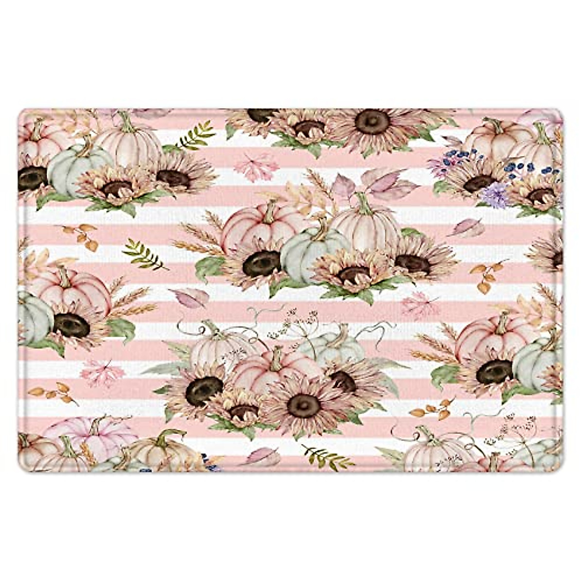 AUEEA Fall Harvest Shower Curtain Watercolor Plant Pumpkin and Sunflower with Green Leaf Shower Curtain Pink White Striped Fabric Shower Curtain Set for Bathroom with Bath Mat and Hooks,72x72 inches