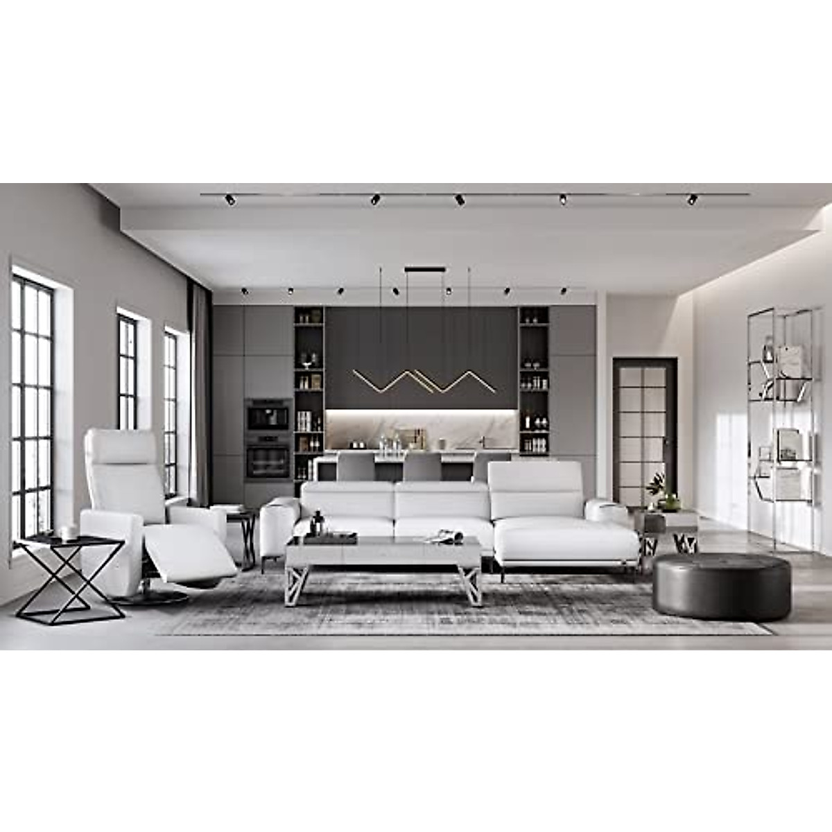 Zuri Furniture Rousso Leather Sectional with Ratcheting Headrests and Right Chaise in White