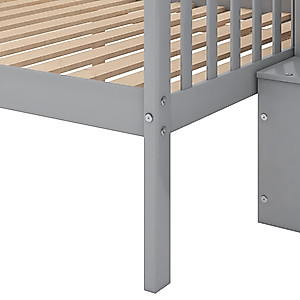 Polibi Twin Over Full Stairway Bunk Bed, Solid Wood Bunk Bed with Storage Shelves， No Spring Box Needed, Grey