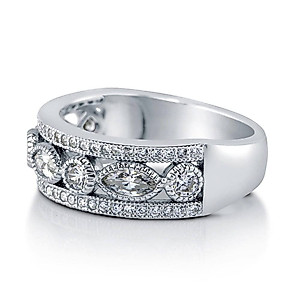 BERRICLE Sterling Silver Art Deco Wedding Rings Milgrain Bezel Set Cubic Zirconia CZ Anniversary Half Eternity Ring for Women, Rhodium Plated Size 7.5