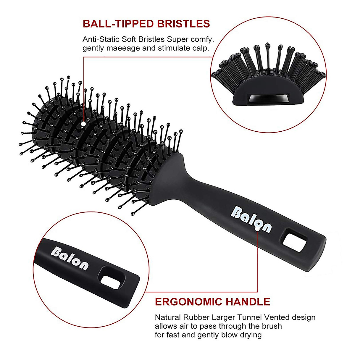 Vent Hair Brush, 11 Row Vented Hairbrush for Men and Women, Vent Brushes With Ball Tipped Bristles for Wet Short Curly Straight Hair Blow Drying Quickly(Black)