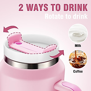 PlanetFlame 64oz Insulated Tumbler with Handle, Stainless Steel Double Wall Vacuumn Water Bottle, Lid and Straw for School, Gym, Hiking & Camping, Pink