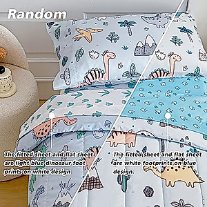 Joyreap 4 Piece Toddler Bedding Set, Cute Dinosaur on Light Blue, Ultra Soft Microfiber Toddler Comforter for Kids Boys Girls, Includes Quilted Comforter, Fitted Sheet, Top Sheet, and Pillow Case