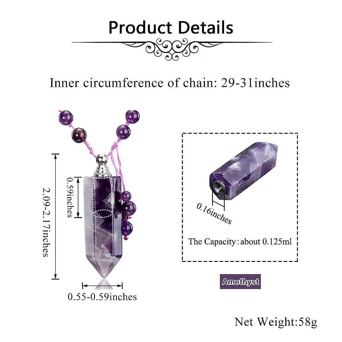 Sunligoo Urn Pendant Necklace for Ashes Cremation Memorial Keepsake Jewelry Healing Crystal Amethyst Point Pendant Natural Stone Beads Necklaces for Women