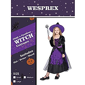 Wesprex Cauldron Witch Costume Set for Girls with Hat & Magic Wand (Medium)