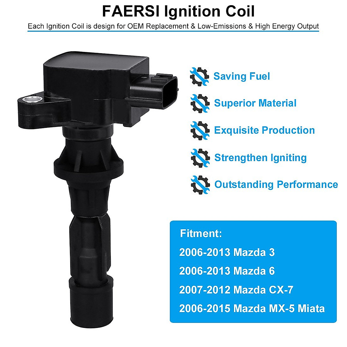 FAERSI Ignition Coil Replacement for 2006-2013 Mazda 3&6, 2007-2012 Mazda CX-7, 2006-2015 Mazda MX-5 Miata, Replace OE# UF540 L3G218100A C1683 5C1740