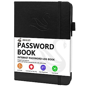 Elegant Password Book with Alphabetical Tabs - Hardcover Password Book for Internet Website Address Login - 5.2" x 7.6" Password Keeper and Organizer w/Notes Section & Back Pocket (Black)