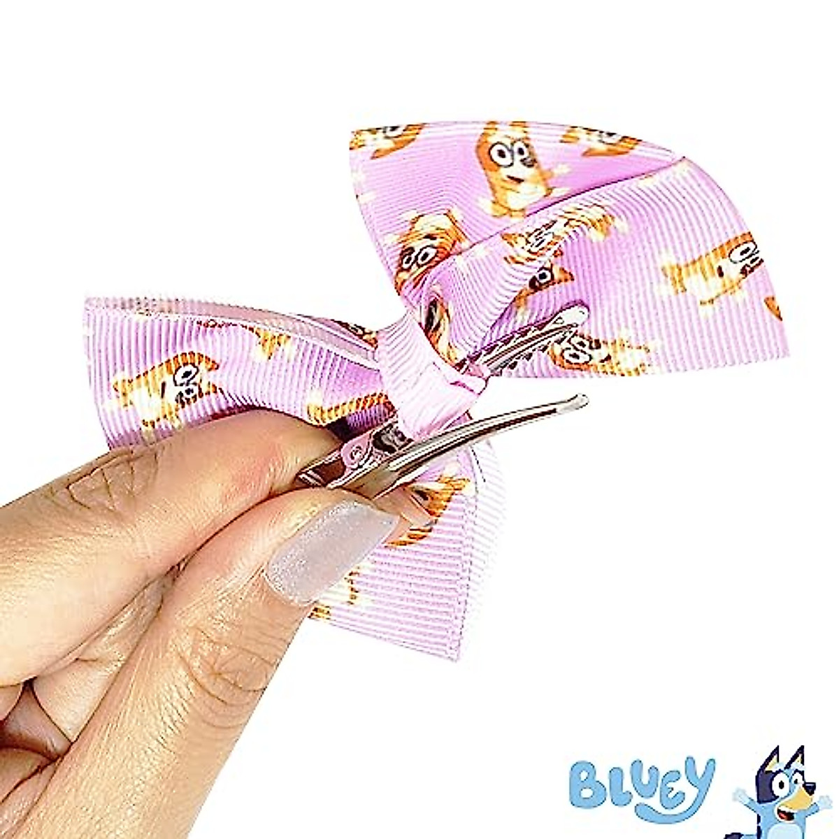 Bluey Kids Hair Bows - Hair Accessories Gift Set - Bluey Hair Bows - 7 Pcs 4 Inch Bow Bundle - Hair Bows for Girls - Different Bluey print on each clip - Alligator Clip - Ages 3 +