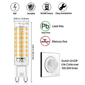 Eco.Luma G9 LED Bulb Dimmable, Warm White, 6W Equivalent 40W, 50W, 60W Halogen, 3000K, 540LM Light, AC 120V CRI 82, G9 Base (Soft Warm White, 6PCs)