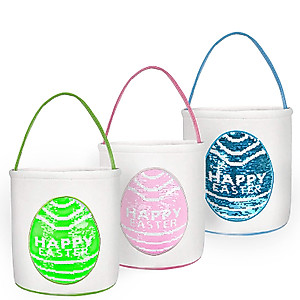 Easter Baskets for Kids, Easter Eggs Hunt Basket, Personalized Basket Canvas Cotton Carrying Gift and Eggs Hunt Bag, Easter Gift Basket for Boys Girls, Candy Buckets, 3 Packs