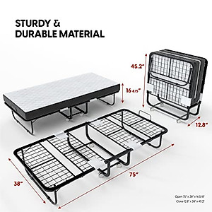 EconoHome Folding Bed with Mattress - 75x38 Twin Size Bed Frame - Portable Foldable Roll Away Adult Bed for Guest - 5-inch Thick, Memory Foam, Twin - Space Saving Fold Up Bed for Easy Storage