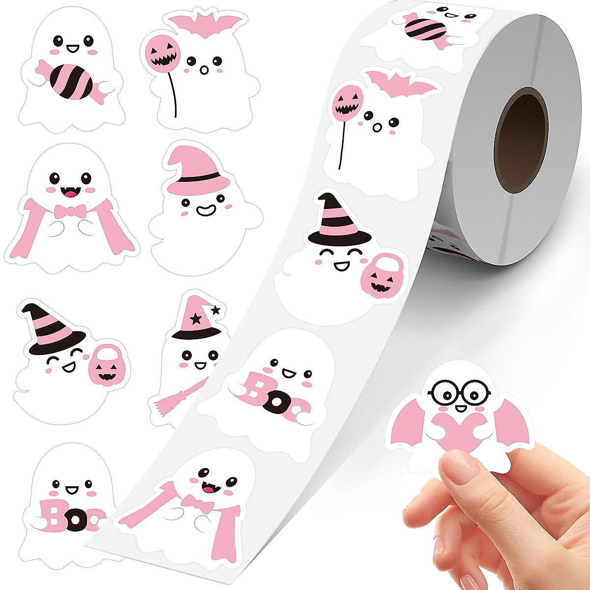 AnyDesign 1000Pcs Halloween Stickers Roll Pink Ghost Self Adhesive Stickers Round Label Stickers Decals for Crafts Gifts Candy Bags Party Supplies, 8 Designs