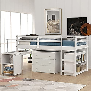 Harper & Bright Designs Twin Loft Bed with Desk, Low Study Loft Bed Frame with Storage Cabinet and Rolling Portable Desk for Kids and Teenagers, Twin Size, White