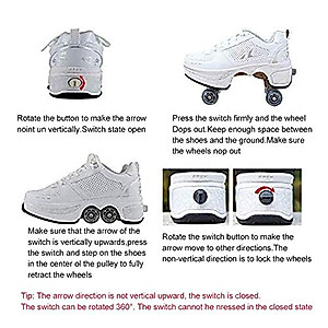 LDTXH Automatic Walking Shoes Invisible Roller Skate, 2-in-1 Parkour Shoes/Inline Roller Skating Shoes, Double-Row Quad Roller Skates Outdoor Sports Kick Rollershoes,White with Light,7.5