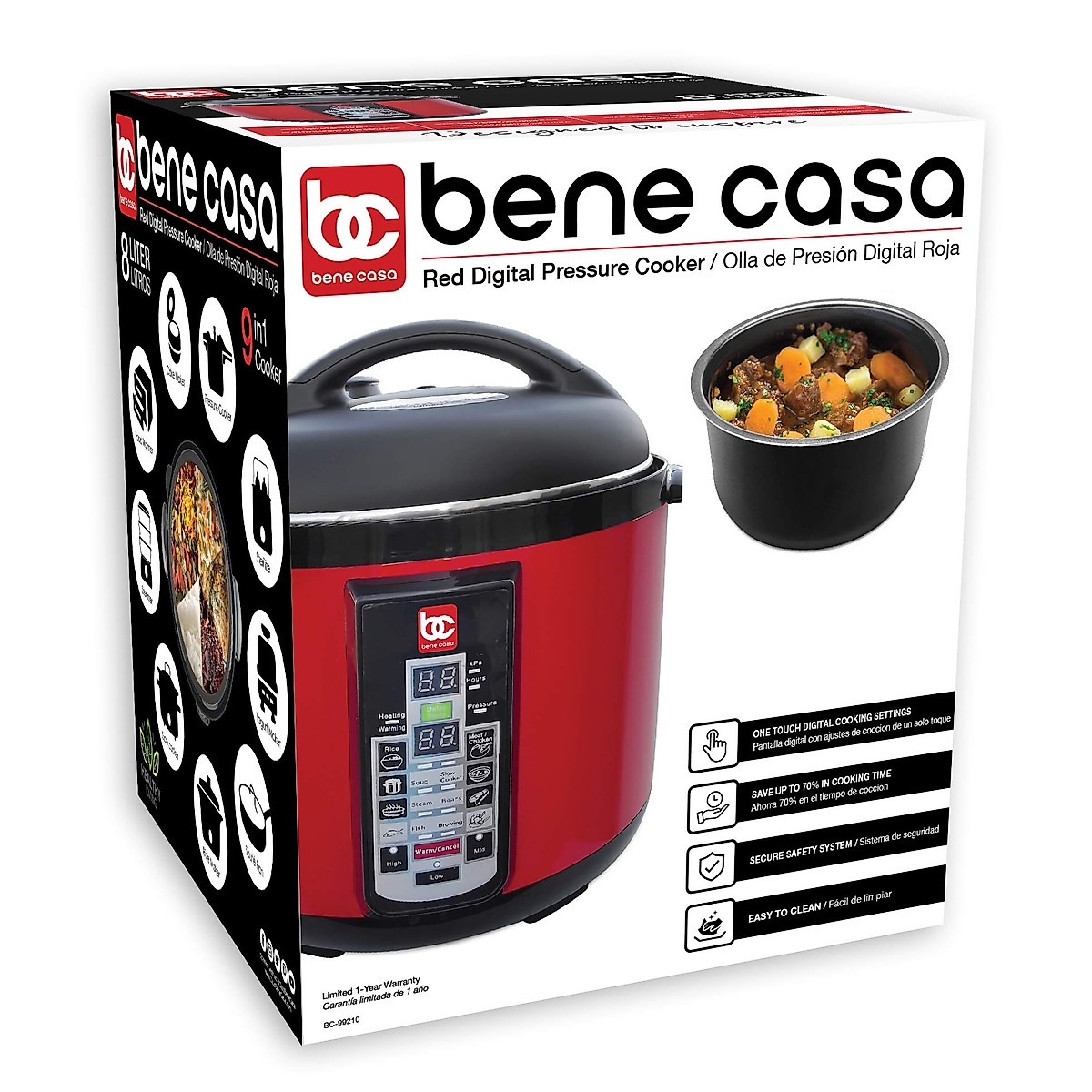 MBR INDUSTRIES Bene Casa 900W 8L Electric Pressure Cooker Red,easy to use digital controls,multi-function pressure cooker,built in automatic cooking programs