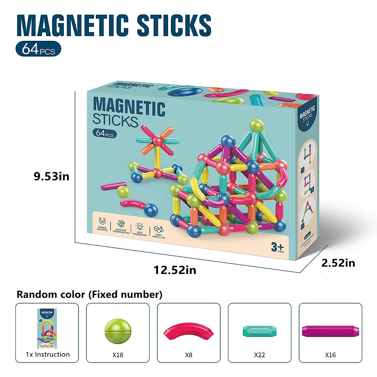 Ferthor Fun Magnetic Balls and Rods Set Building Blocks Magnets for Kids,Learning & Education Toys,Magnetic Sticks Blocks,Montessori Toys for Toddlers,Boys&Girls Gifts (64pcs)