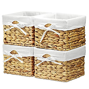 EZOWare Set of 4 Small Natural Woven Water Hyacinth Wicker Storage Nest Baskets Organizer Container Bin with Liner for Organizing Kids Baby Cloth, Room Decor, Toy, Gift Basket Empty - Brown (7x7x5.5")