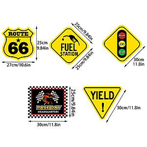 12 Pieces Racing Signs Race Car Party Decorations, 9.8-11.8 Inch Laminated Car Racing Decoration, Traffic Signs Cutouts, Road Racing Themed Party Signs, Racing Cutouts with 40 Glue Point Dots