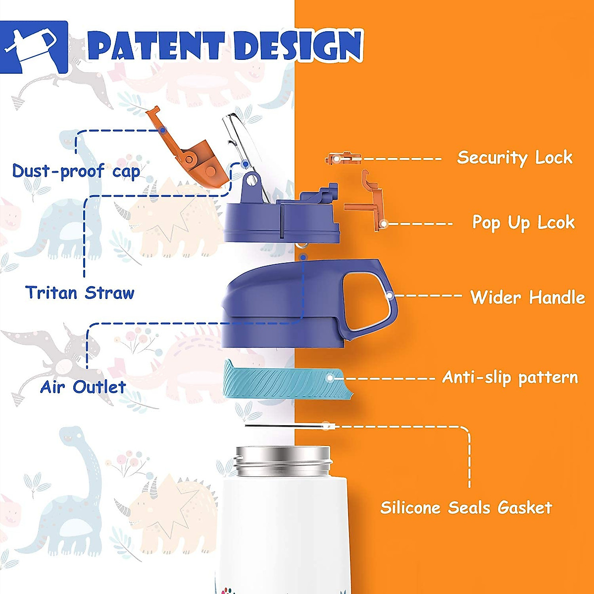 FEIJIAN Kids Insulated Water Bottle With Straw Lid 14oz, Leak-Proof BPA-FREE Metal Drink Flask, Double Wall Vacuum Stainless Steel Cup