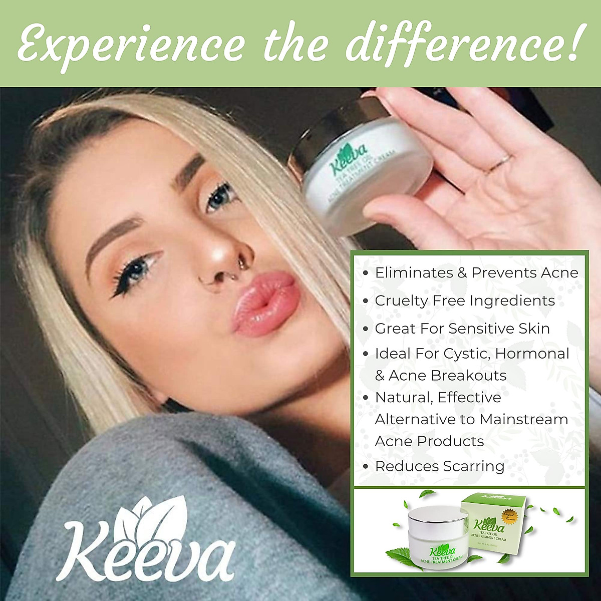 Keeva Organics Acne Treatment Cream With Secret TEA TREE OIL Formula - Perfect For Acne Scar Removal, Fighting Breakouts, Spots, Cystic Acne - See Results in Days Without Dry Skin (1oz)