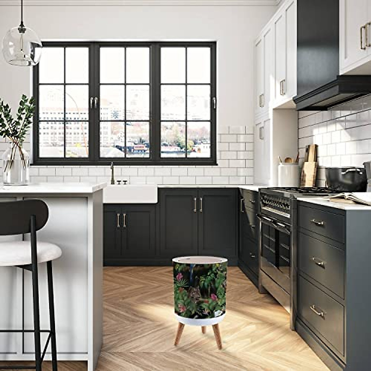 QOR88NJOG Trash Can with Lid Seamless Jungle Leopardstropical Leaves and Flowers Dark Exotic Forest Wood Small Garbage Bin Waste Bin for Kitchen Bathroom Bedroom Press Cover Wastebasket 7L/1.8 Gallon