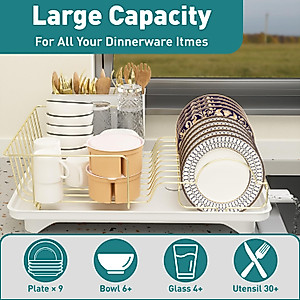 Buruis Dish Drying Rack, Gold Dish Drainer Organizer Includes Removable Drain Board and Utensil Holder, Large Capacity Metal Dish Racks for Kitchen (White)