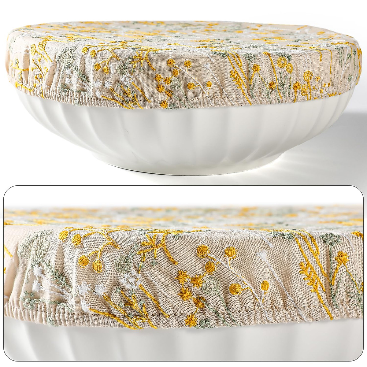 Slyitokbhr Reusable Bowl Covers for Bread Proofing Baking Embroidered Dandelion Linen Cotton Cloth Fabric Washable with Elastic Cover for Food Fruit Salad Eco-friendly (Beige Dandelion)