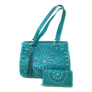 Set of Women's Concealed Carry Tote Double Flat Strap Purse with Laser Cutout Inlay with Matching Wallet (Turquoise)