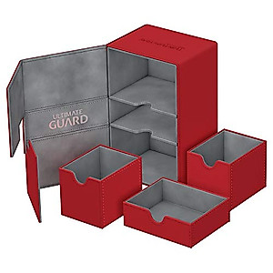 Ultimate Guard Flip 'n' Tray 160+, Deck Case for 160 Double-Sleeved TCG Cards + Dice Tray, Red/Grey, Independent Magnetic Closure & Microfiber Lining