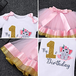 IDOPIP Elephant 1st Birthday Outfit for Baby Girl Elephant Romper + Ruffle Tulle Tutu Skirt + Headband 3PCS Clothes Set for Elephant Theme Jungle Zoo Birthday Cake Smash Photo Shoot Pink 1 Year