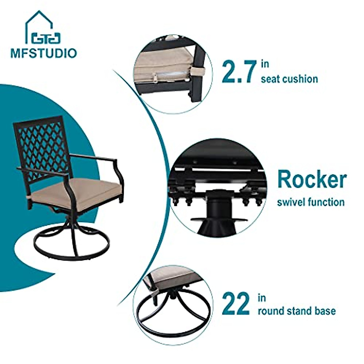 MFSTUDIO 7-Piece Metal Outdoor Patio Dining Set with 6 Armrest Chairs and 1 Steel Rectangular Table with 1.57“ Umbrella Hole, L60 x W38 x H28 Table, 4 Backyard Garden Chairs, 2 Swivel Chairs, Black