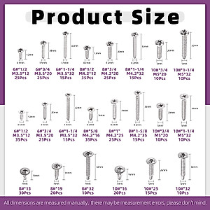 Swpeet 435Pcs 3 Types #6#8#10 SAE 304 Stainless Steel Round Pan Head and Phillips Flat Head Self Tapping Sheet Metal Screws Wood Screws with 410 Stainless Steel Truss Head Fast Self Tapping Screws