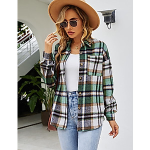 ClearFlower Womens Fall Fashion 2022 Plaid Shackets Flannel Jacket Casual Long Sleeve Button Collared Neck Oversized Shirts Green L