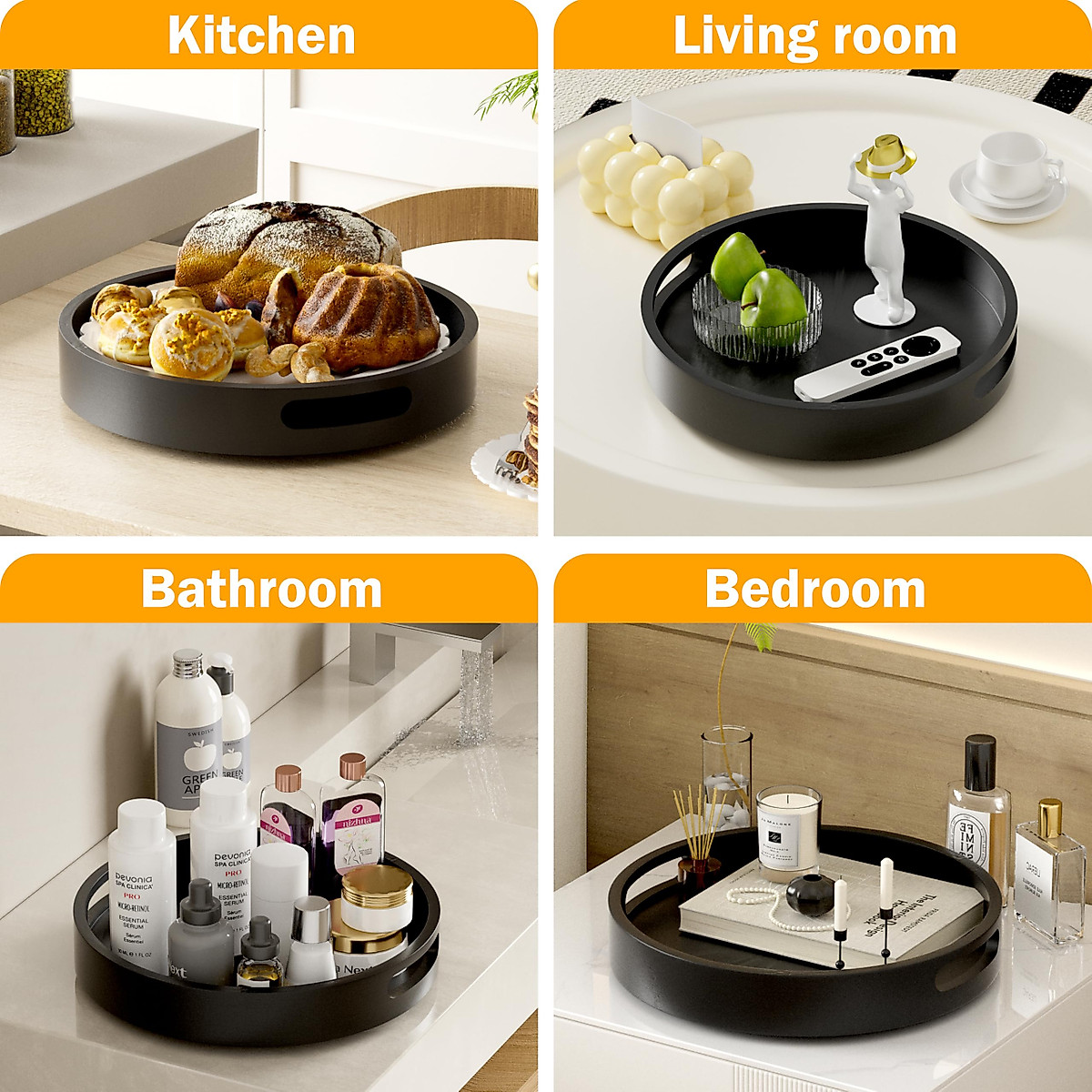 Homerays 12 Inch Lazy Susan Organizer, Kitchen Rotating Spice Rack, Bamboo Lazy Susan with Double Handles for Kitchen Cabinet (Black, Medium)