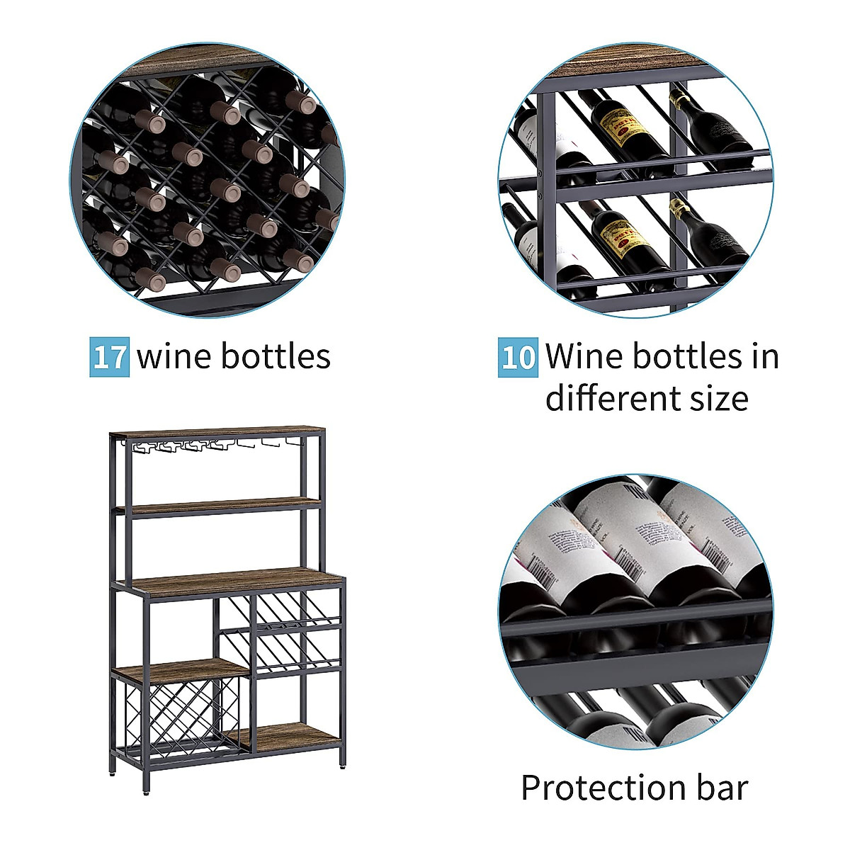 MSTFLOR Wine Rack Table,39.4 Inch Freestanding Floor Liquor Bar Table Cabinet with Glass Holder Bottle Shelf, Modern Wine Bar Cabinet with Storage & Hook for Home Kitchen Dining Room, Rustic Oak