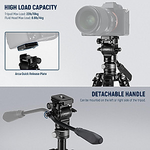 NEEWER 61.4" Video Travel Tripod with +/-10° Leveling Base Fluid Head (⌀37mm), Compact Metal Camera Tripod Stand with Quick Release Reversible Legs & Detachable Center Column, Arca Plate, TP61