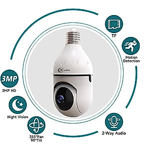 XVIM 3MP Light Bulb Security Camera, WiFi Home Light Bulb Camera, 360° Degree Pan/Tilt View Night Vision, Indoor/Outdoor, Motion Detection