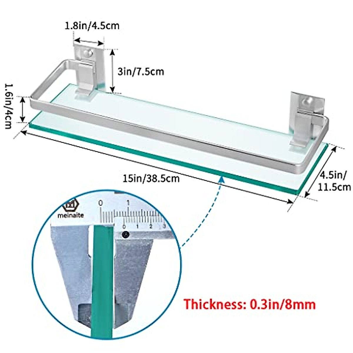 Sanbege 2-Pack Tempered Glass Bathroom Shelf with Rail, 15" x 4.5" Rectangular Shower Caddy, Wall Mounted Floating Shampoo Holder for Lavatory, Kitchen, Living Room