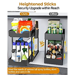 Under Sink Organizers and Storage Bathroom Organizer, 2 Tier Under Sliding Kicthen Cabinet Basket Organizer with Hooks, Hanging Cup, Dividers, Handles, Multi-purpose Under Sink Shelf Organizer, Black