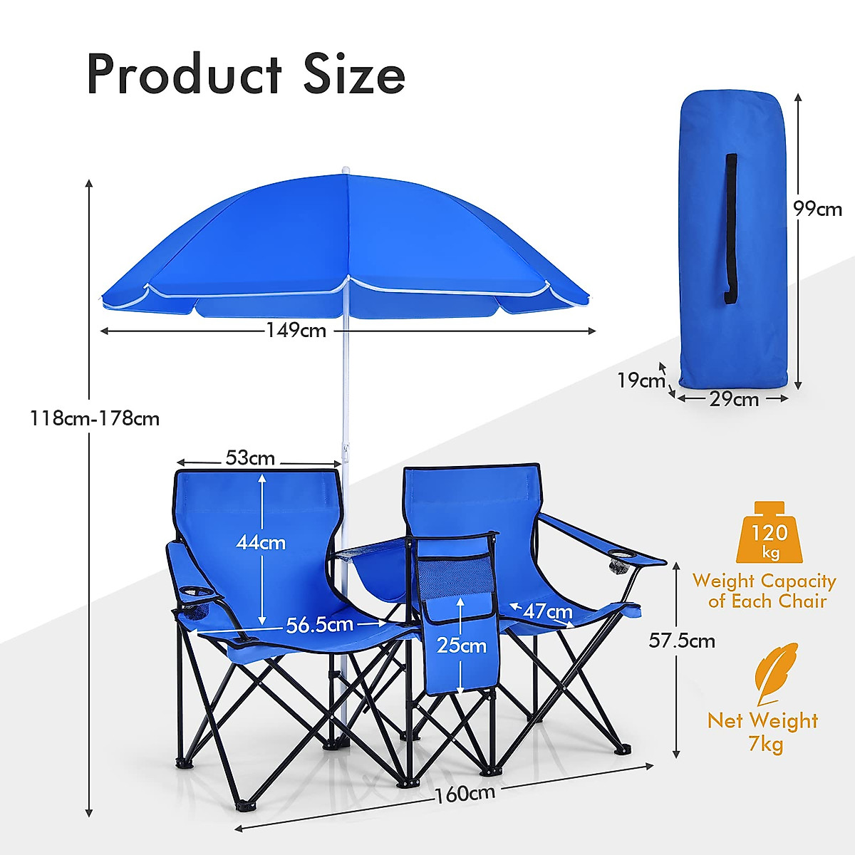 ARLIME Double Folding Beach Chairs, Outdoor Picnic Portable Loveseat Chairs with Removable Umbrella & Mini Table Carrying Bag, Camping Chair for Patio, Pool, Park (Blue)