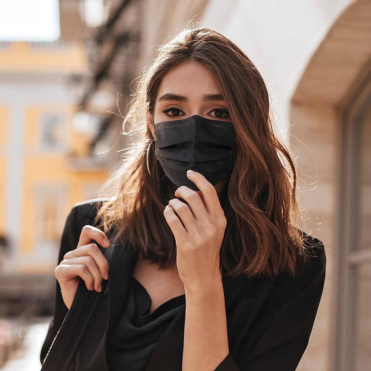 Assacalynn Disposable Face Masks 4 Layers, 2022 Upgraded 50PCS Black Mask with White Inside, Breathable Face Mask with Comfortable Flat Elastic Ear Bands