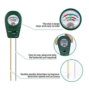3 in 1 Soil Tester, Soil Moisture/Fertility/pH Test, Soil Moisture Meter Sensor, Soil Test Kit for Garden, Farm, Plant, Outdoor, Indoor, Lawn Use, No Battery (Green)