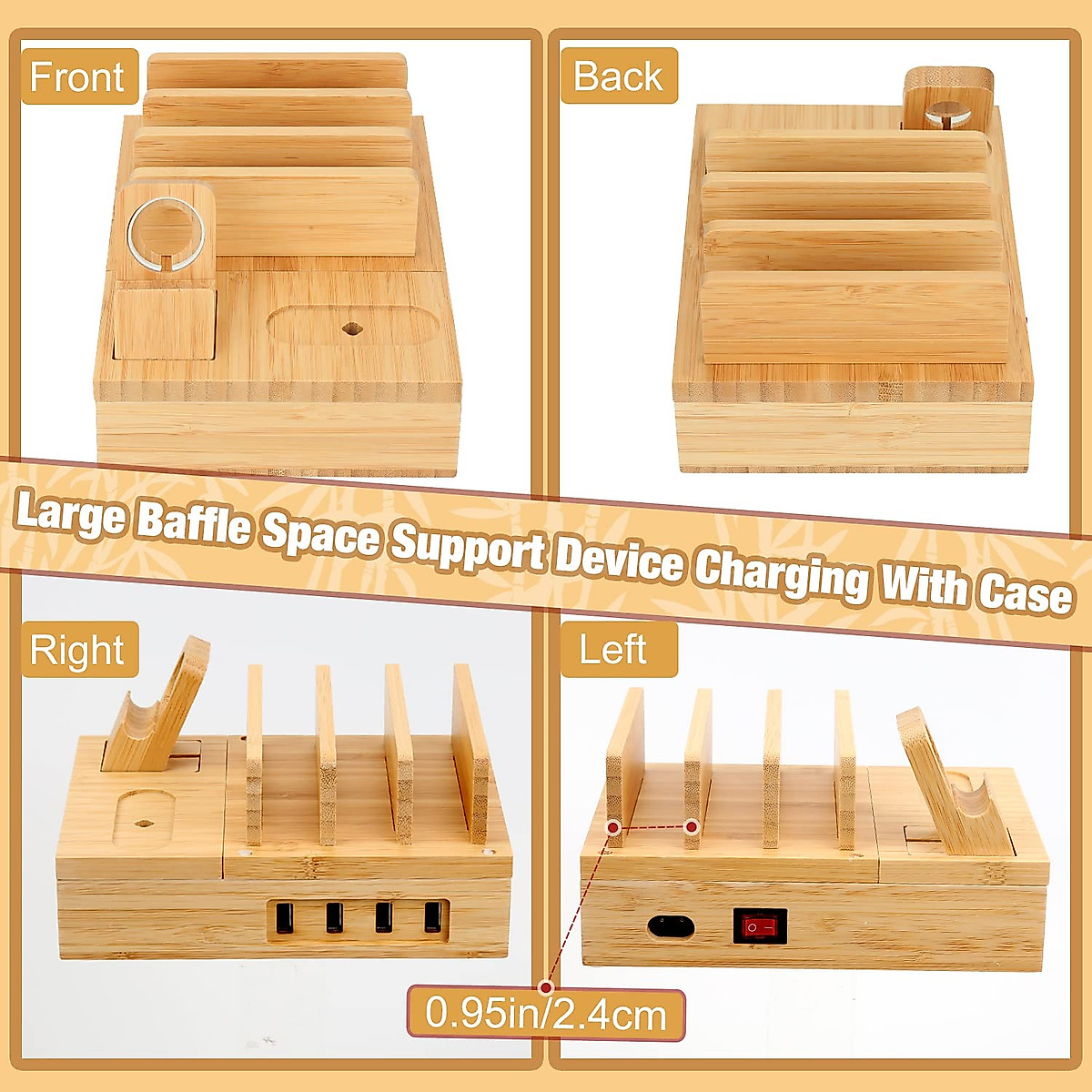 Bamboo Charging Station for Multiple Devices, OthoKing 6 USB Ports Wood Charging Docking Station Organizer for Apple/AirPods/Watch/iPad/Samsung/Android/Tablet, 6 Mixed Cable Included