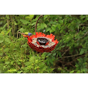 Desert Steel Coral Sunset Peony Hanging Feeder - (Orange - 9”W x 11.5”H) - Loose Seed Metal Birdfeeder